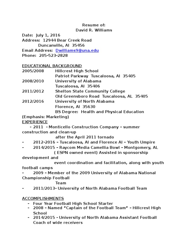 David R. Williams Resume Summary | PDF | Sports & Recreation