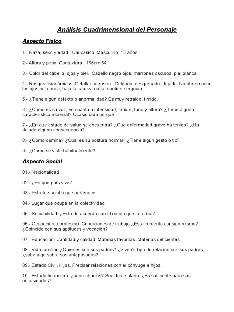 Análisis Cuadrimensional del Personaje | PDF | Sicología | Salud y ...