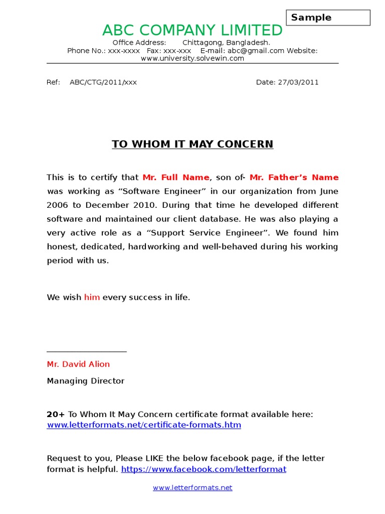 To Whomsoever It May Concern Experience Certificate Format | PDF