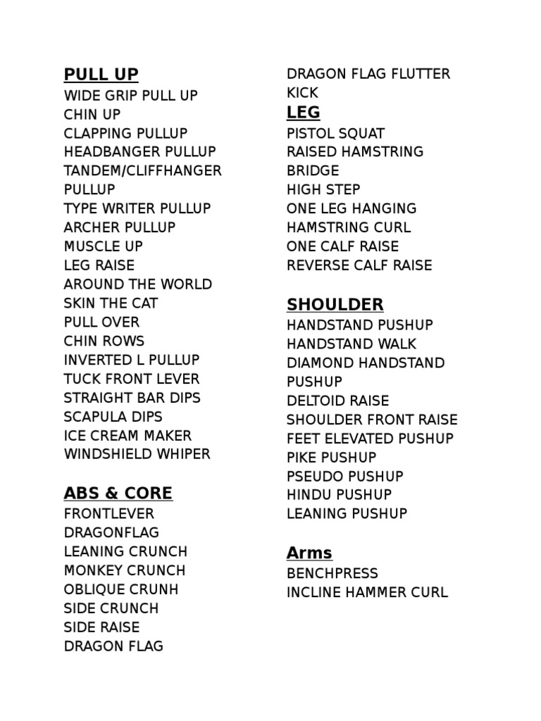 Exercise Names and Variations List | PDF | Young Adult
