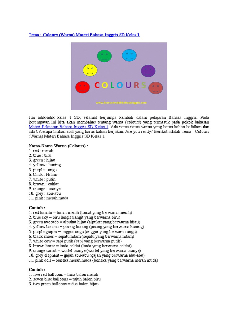 Materi Warna Bahasa Inggris Kelas 1 | PDF | Memasak, Makanan, & Anggur ...