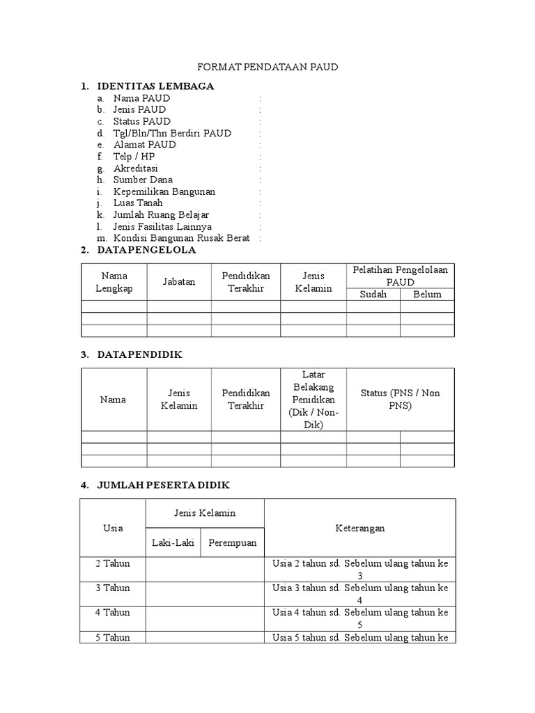 Format Pendataan Paud | PDF | Kesehatan Holistik