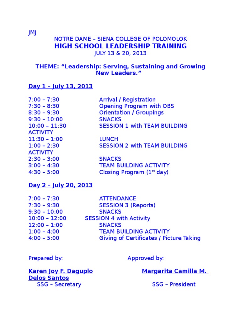 High School Leadership Training: THEME: "Leadership: Serving ...