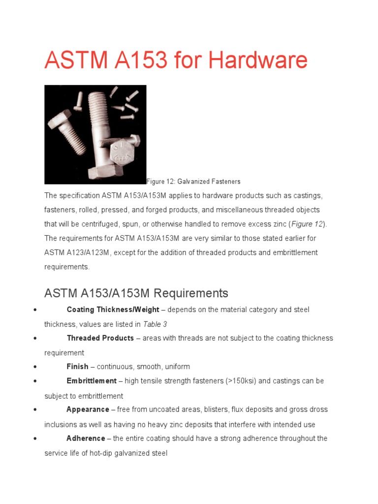 ASTM A153 Guide for Galvanized Hardware & Fasteners | PDF | Screw | Chemical Substances