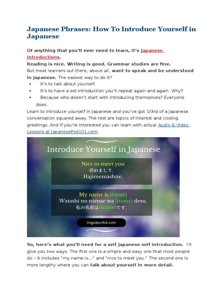 Japanese Phrases: How To Introduce Yourself in Japanese | PDF ...