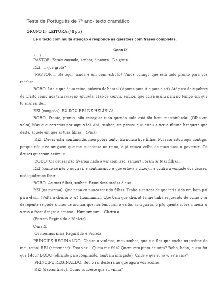 Último Teste de Portugues Texto Dramático | PDF | Mitologia grega | Contos