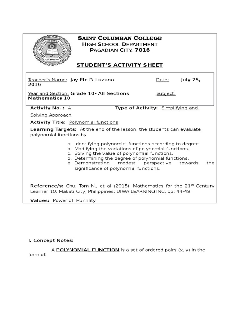 SCCHS Activity Sheet (Students) | PDF | Polynomial | Variable (Mathematics)