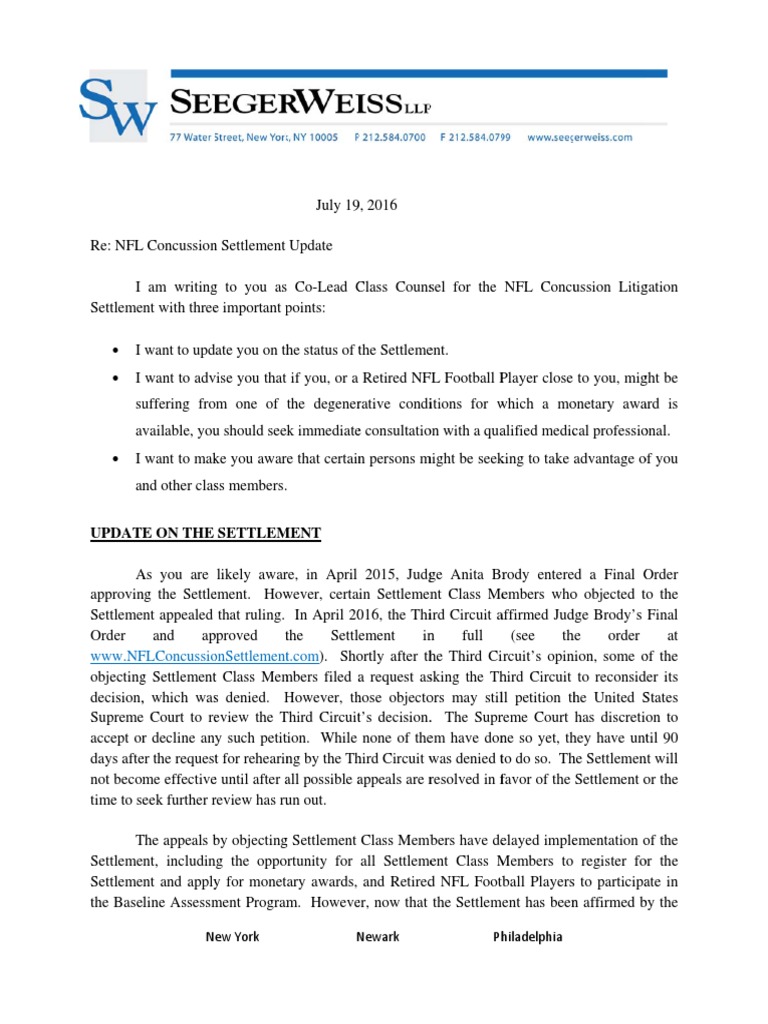 Letter To NFL Concussion Settlement Class Members | PDF | Dementia | Loans