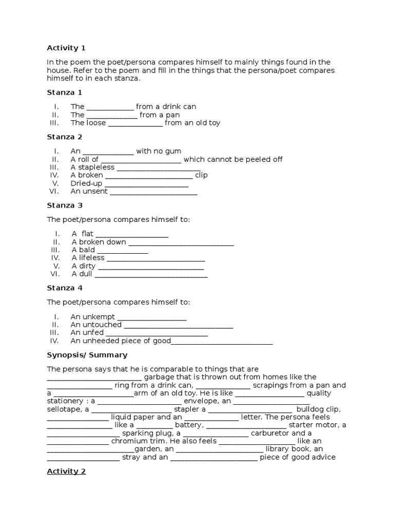 Sad I Ams (Worksheet) | PDF | Poetry