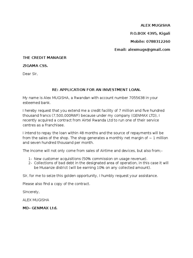 Alex Mugisha P.O.BOX 4395, Kigali Mobile: 0788312260 The Credit Manager ...