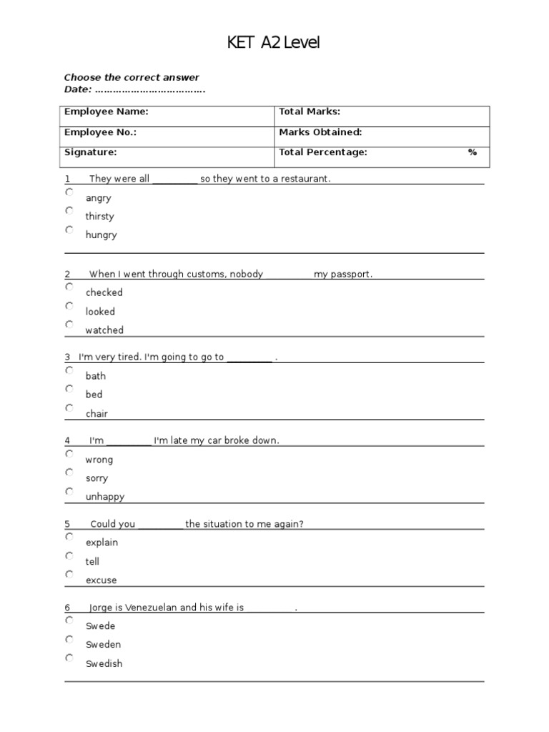 KET Vocabulary Test | PDF