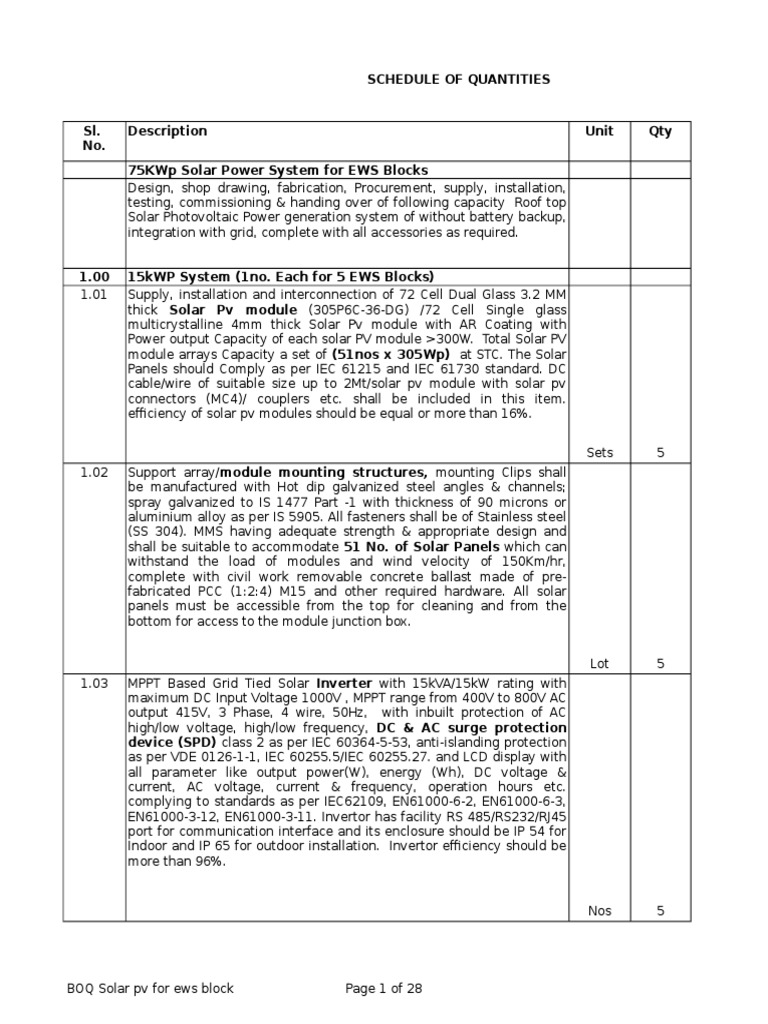 Work Contract Solar PV BOQ | PDF