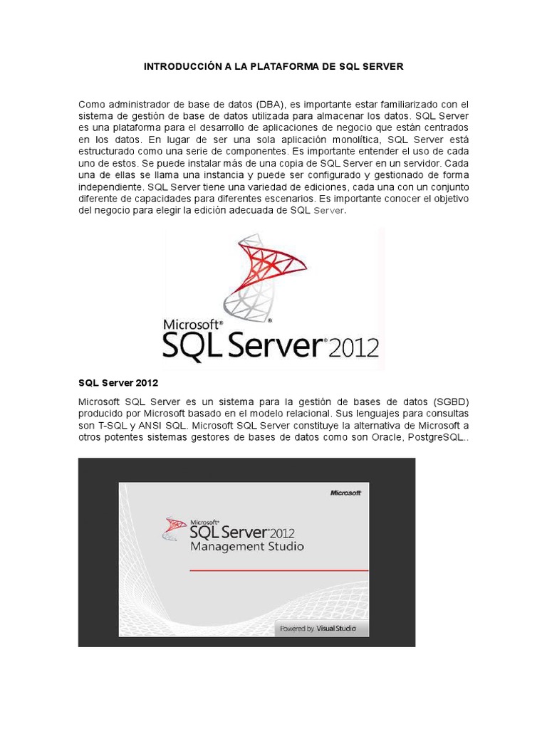 Introducción A La Plataforma de SQL Server | Descargar gratis PDF | Servidor SQL de Microsoft | SQL