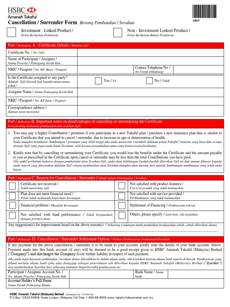 Cancellation / Surrender Form: Investment - Linked Product / Non ...
