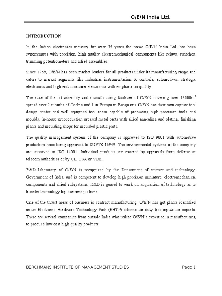 OEN India Organisational Study Report | PDF | Historical Cost ...