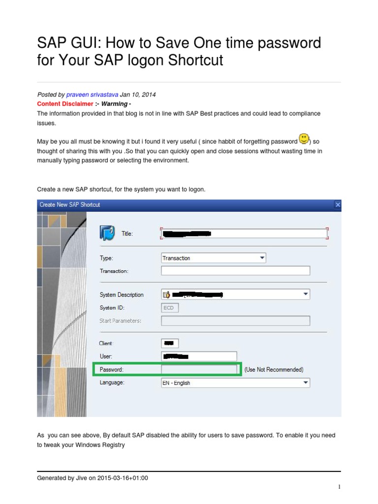 How To Save One Time Password For Your Sap Logon Shortcut | PDF ...