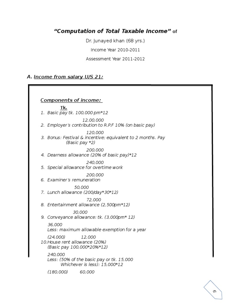 "Computation of Total Taxable Income": A. Income From Salary U/S 21 ...