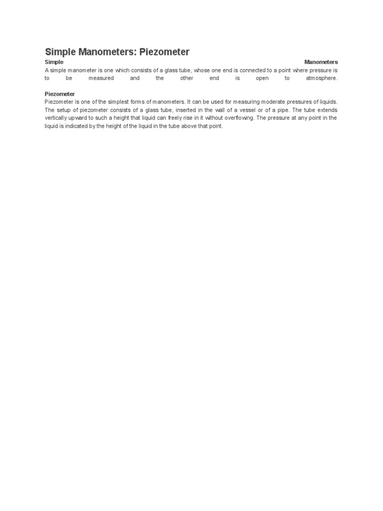 Simple Manometers: Piezometer | PDF