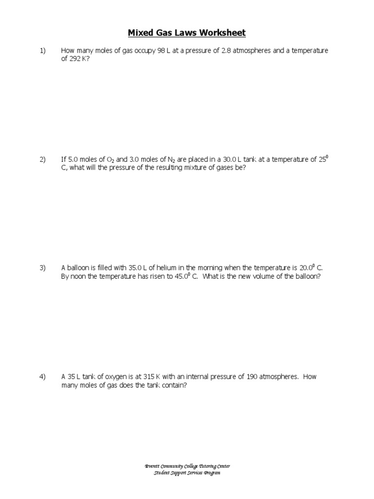 Mixed Gas Laws Worksheet Solutions | PDF | Balloon | Gases