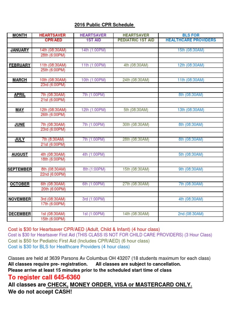 2016 Public CPR Schedule | PDF