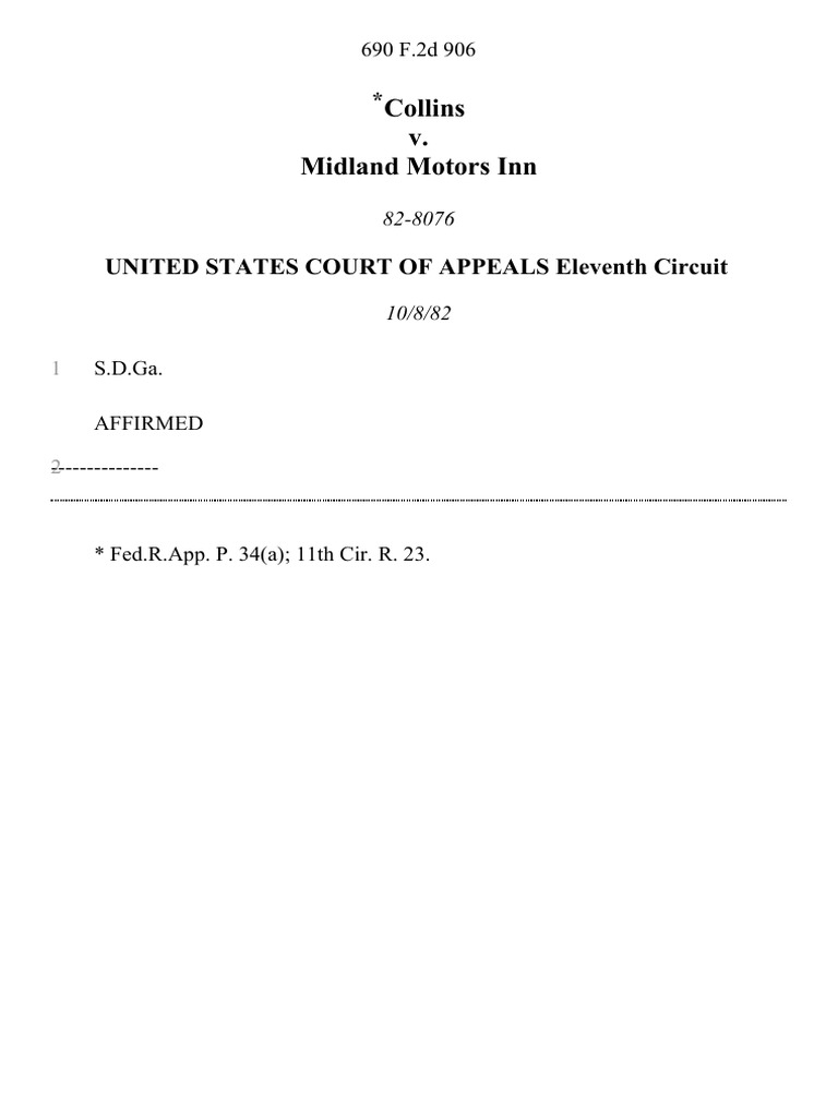 Collins v. Midland Motors Inn: United States Court of Appeals Eleventh ...