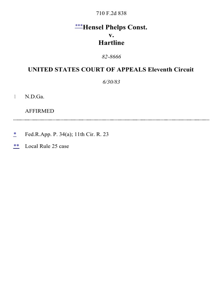 Hensel Phelps Const. v. Hartline, 710 F.2d 838, 11th Cir. (1983) | PDF | Law