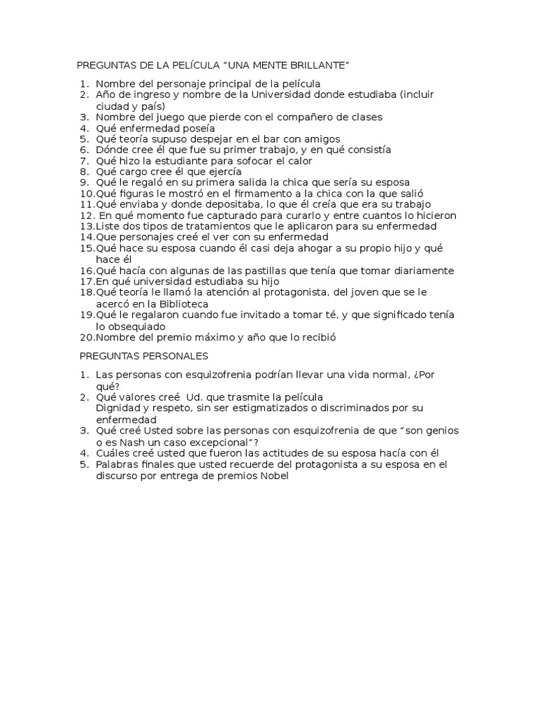 Preguntas de La Pelicula Una Mente Brillante | PDF