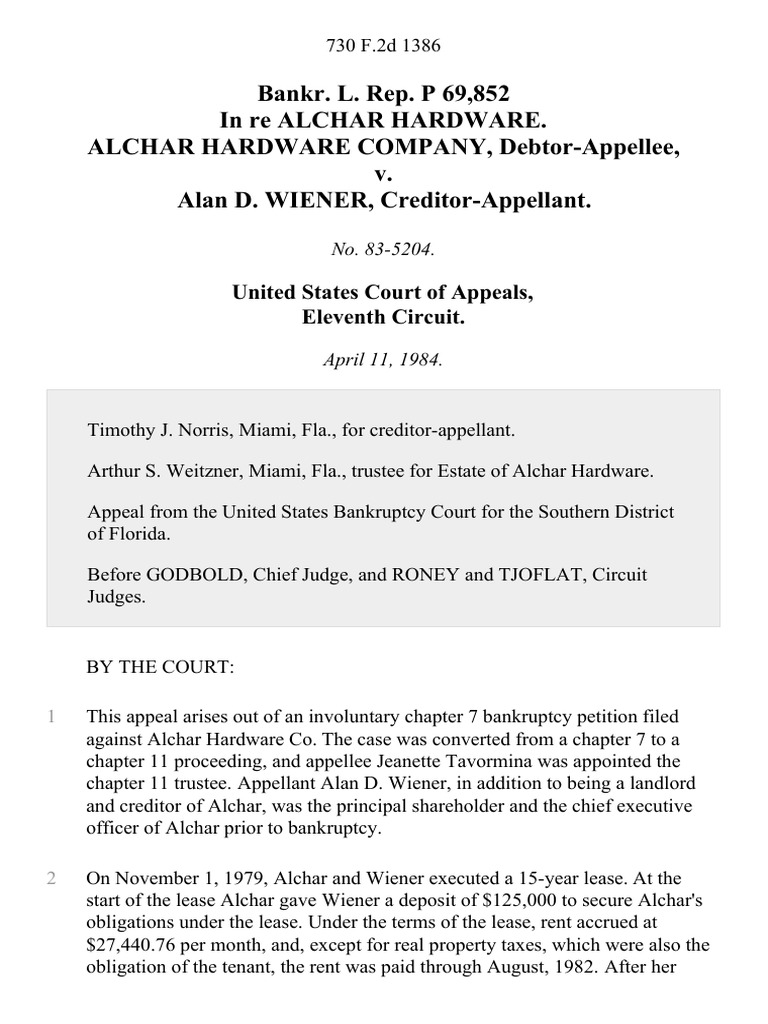 Bankr. L. Rep. P 69,852 in Re Alchar Hardware. ALCHAR HARDWARE COMPANY ...