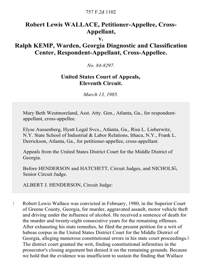Robert Lewis Wallace, Cross-Appellant v. Ralph Kemp, Warden, Georgia ...