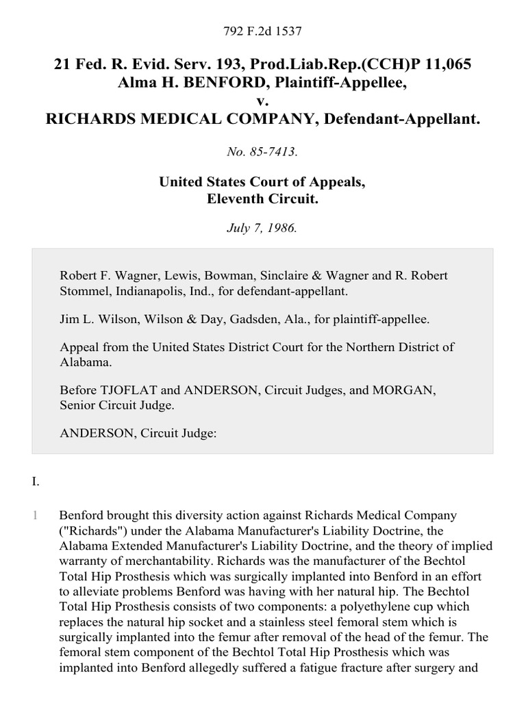 21 Fed. R. Evid. Serv. 193, Prod - Liab.rep. (CCH) P 11,065 Alma H. Benford v. Richards Medical ...