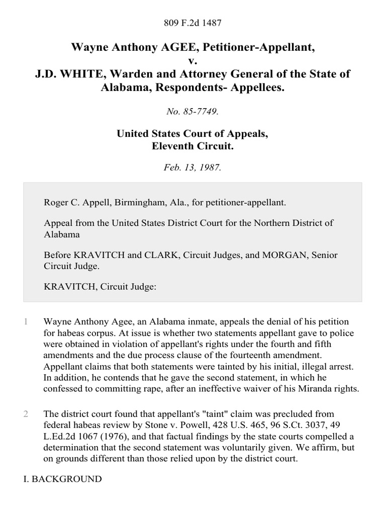 Wayne Anthony Agee v. J.D. White, Warden and Attorney General of The ...