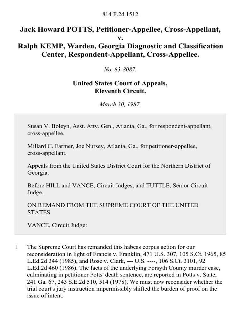 Jack Howard Potts, Cross-Appellant v. Ralph Kemp, Warden, Georgia ...