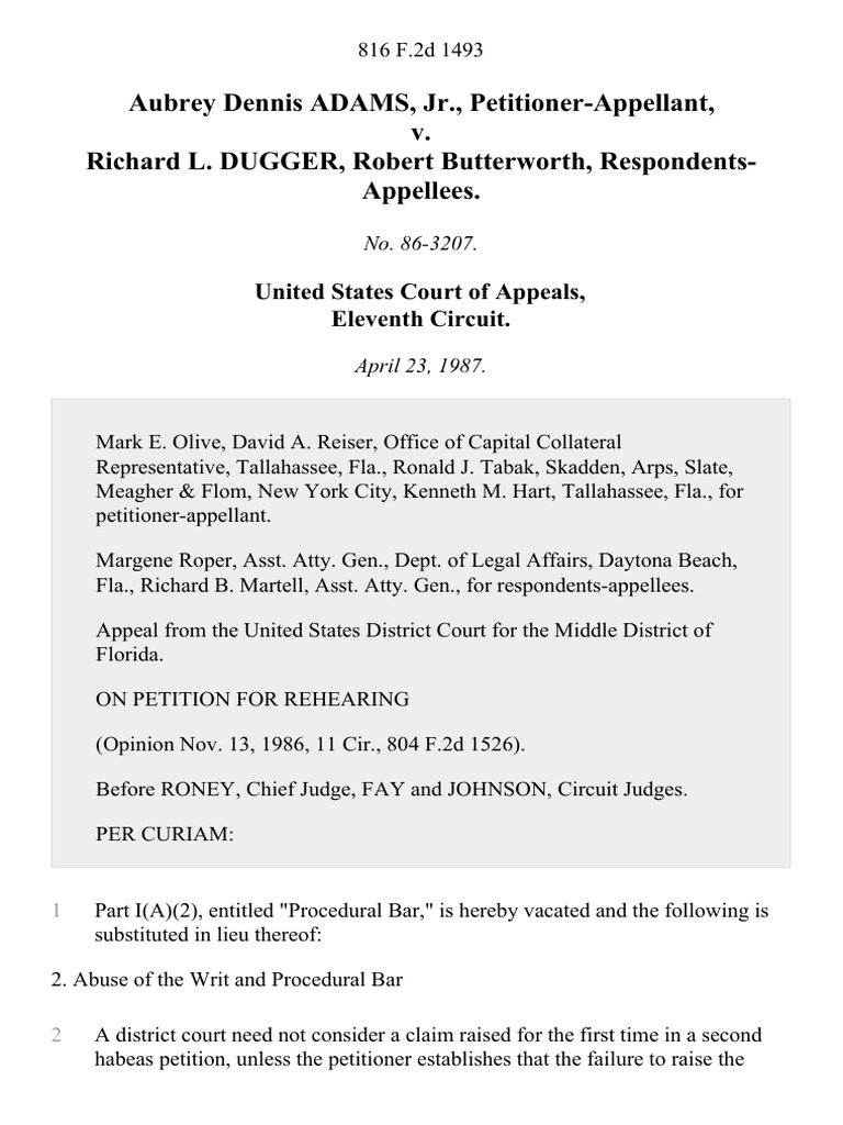 Aubrey Dennis Adams, Jr. v. Richard L. Dugger, Robert Butterworth, 816 F.2d 1493, 11th Cir ...