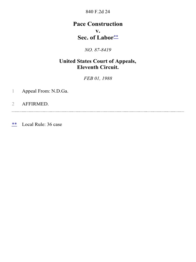 Pace Construction v. Sec. of Labor, 840 F.2d 24, 11th Cir. (1988) | PDF
