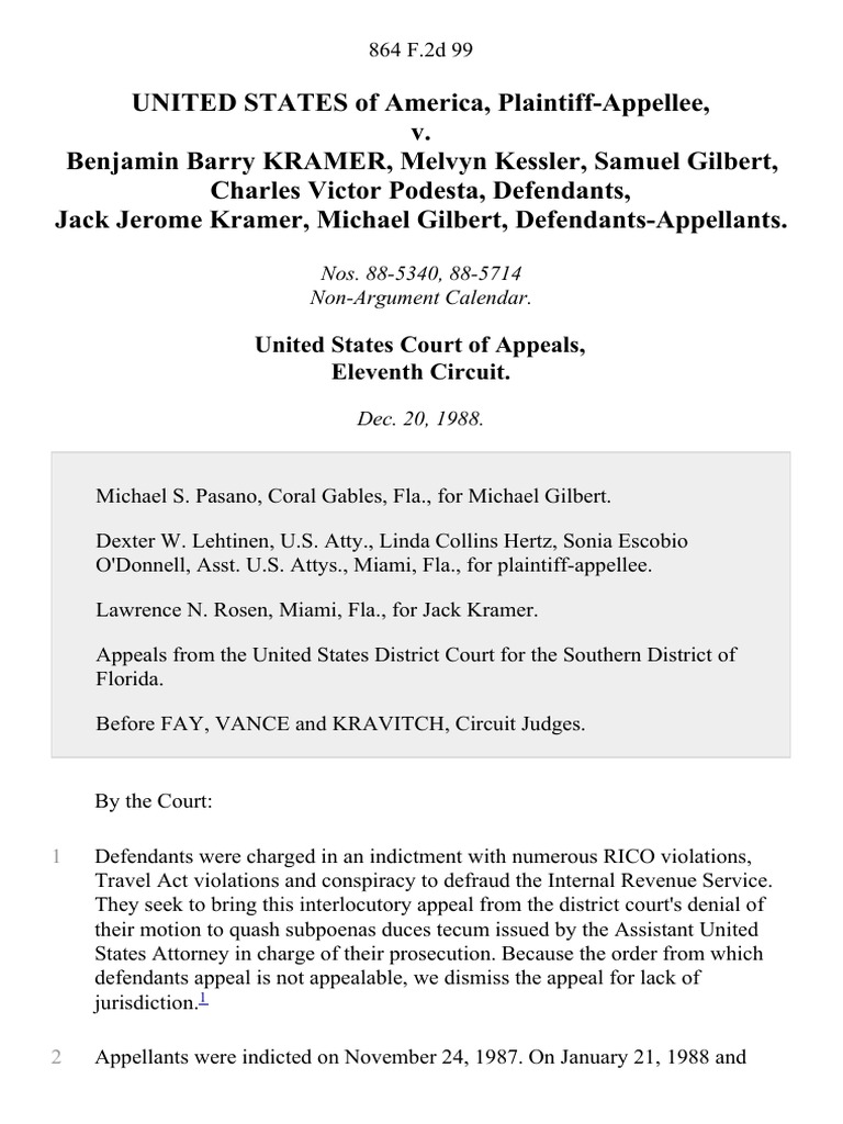United States v. Benjamin Barry Kramer, Melvyn Kessler, Samuel Gilbert ...