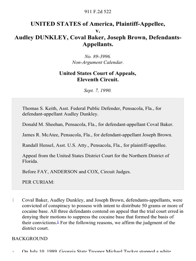 United States v. Audley Dunkley, Coval Baker, Joseph Brown, 911 F.2d ...