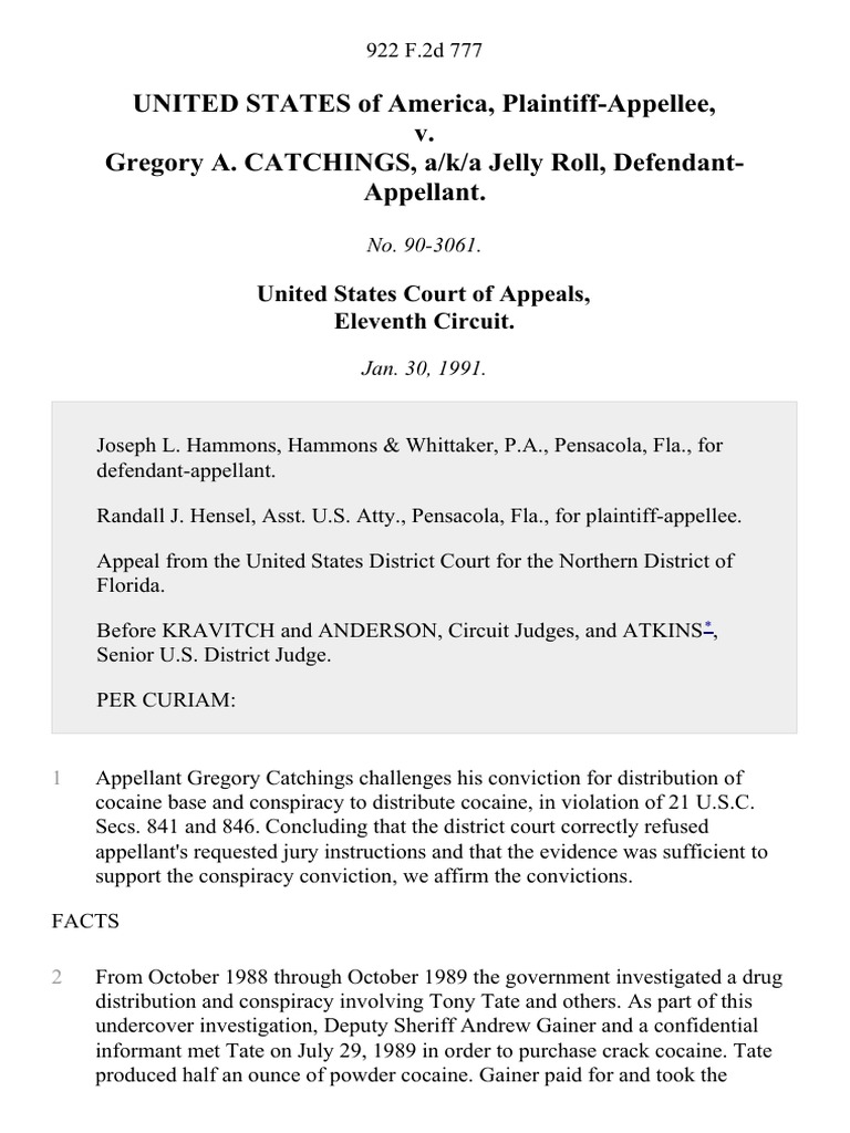 United States v. Gregory A. Catchings, A/K/A Jelly Roll, 922 F.2d 777 ...
