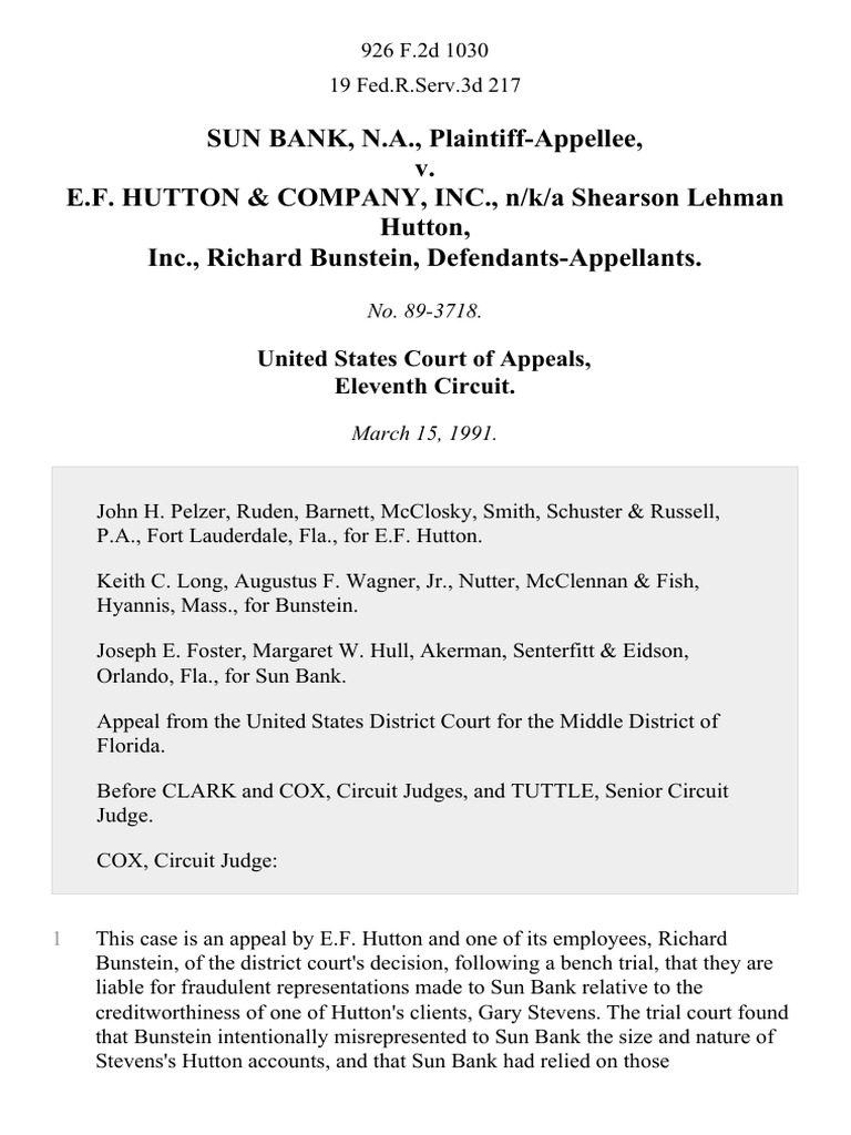 Sun Bank, N.A. v. E.F. Hutton & Company, Inc., N/k/a Shearson Lehman ...