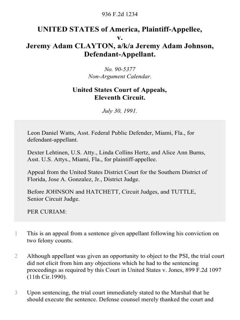 United States v. Jeremy Adam Clayton, A/K/A Jeremy Adam Johnson, 936 F ...