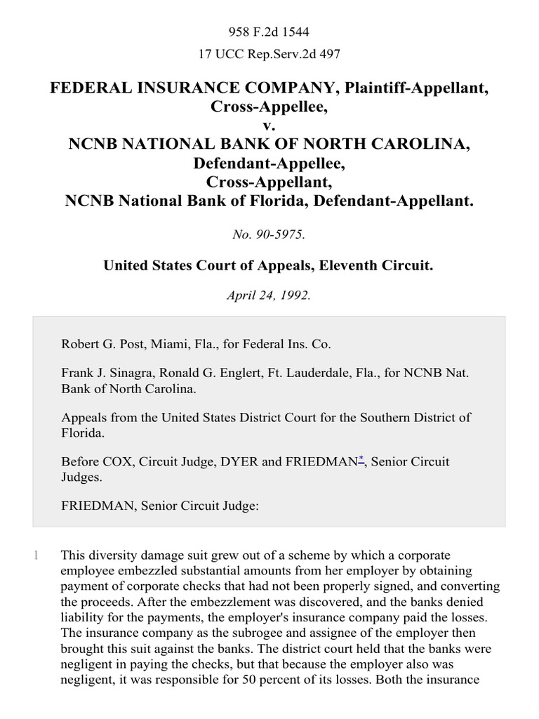 Federal Insurance Company, Cross-Appellee v. NCNB National Bank of ...