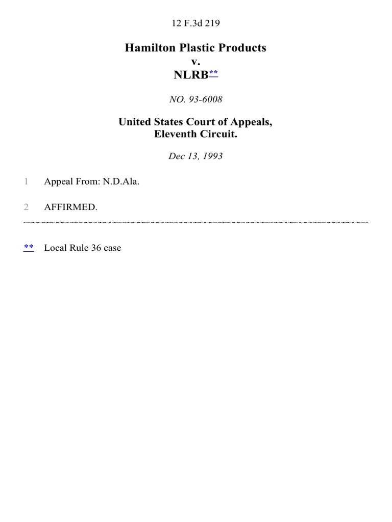 Hamilton Plastic Products v. NLRB, 12 F.3d 219, 11th Cir. (1993) | PDF ...