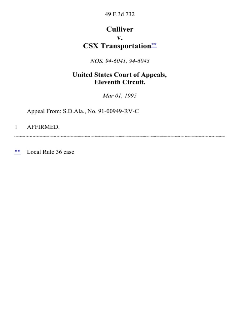 Culliver v. CSX Transportation, 49 F.3d 732, 11th Cir. (1995) | PDF | Law