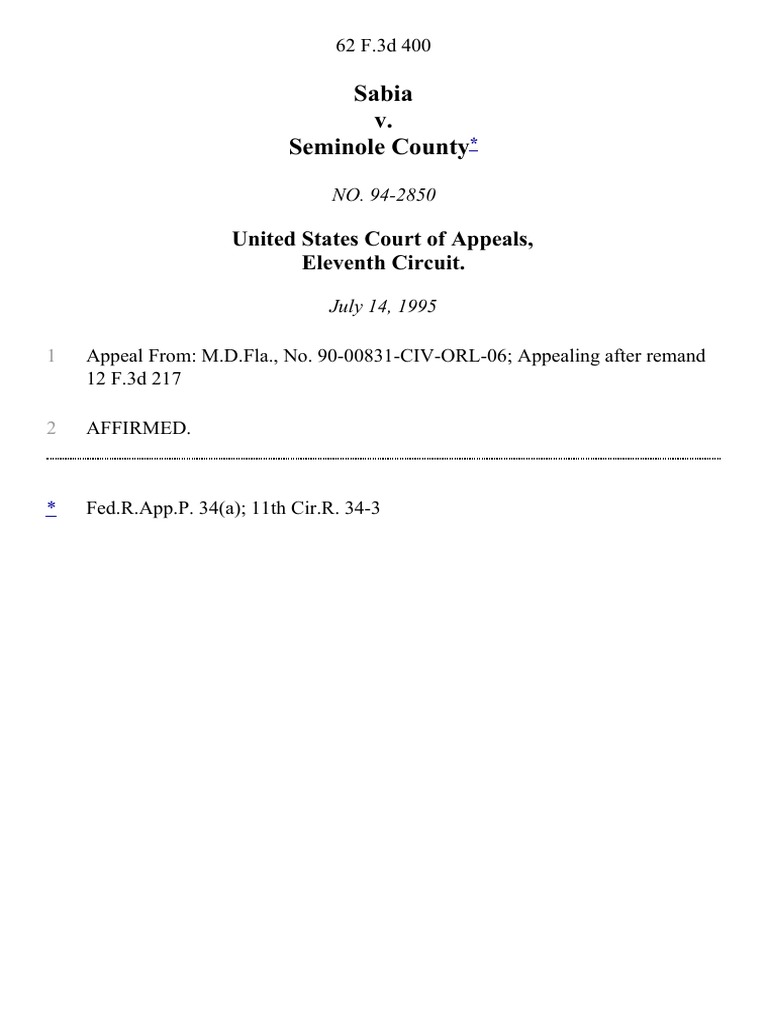 Sabia v. Seminole County, 62 F.3d 400, 11th Cir. (1995) | PDF