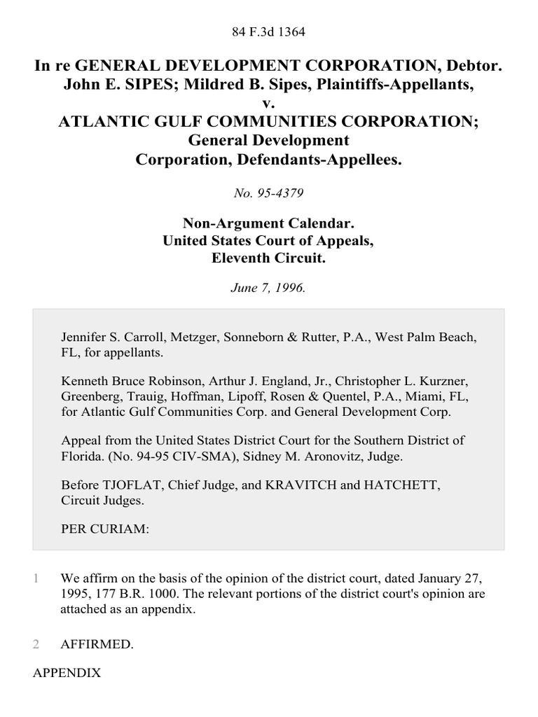 Sipes v. Atlantic Gulf Communities, 84 F.3d 1364, 11th Cir. (1996) | PDF | Chapter 11 | Bankruptcy