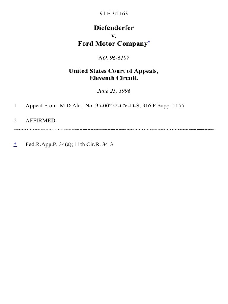 Diefenderfer v. Ford Motor Company, 91 F.3d 163, 11th Cir. (1996) | PDF ...