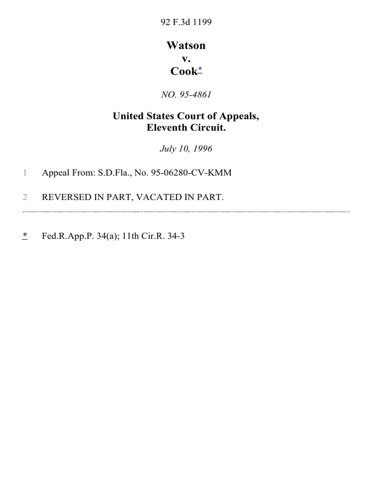 Watson v. Cook, 92 F.3d 1199, 11th Cir. (1996) | PDF | Law