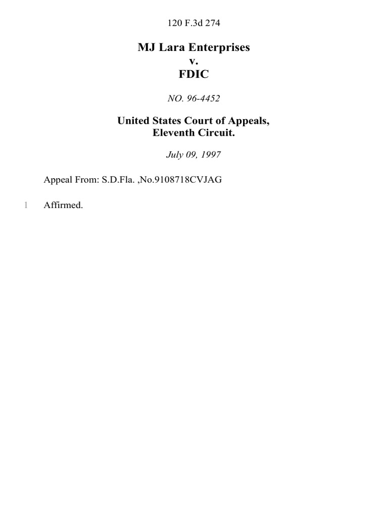 MJ Lara Enterprises v. Fdic, 120 F.3d 274, 11th Cir. (1997) | PDF