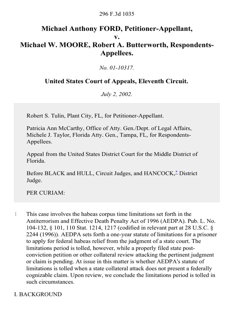 Michael Anthony Ford v. Michael W. Moore, 296 F.3d 1035, 11th Cir ...