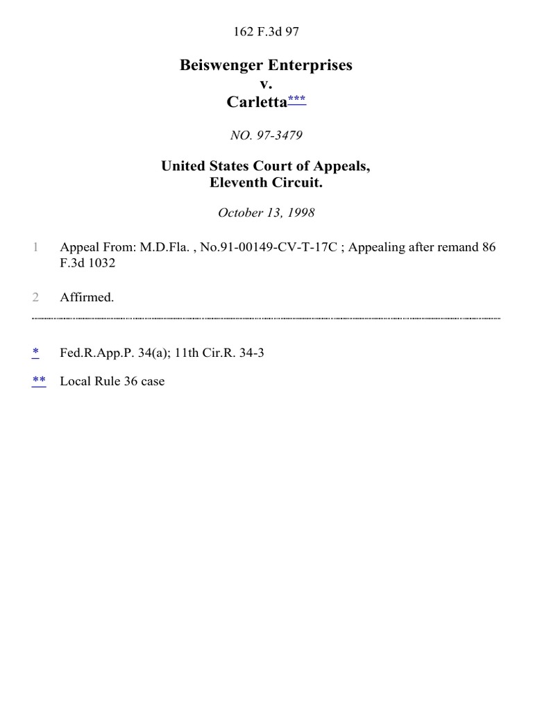 Beiswenger Enterprises v. Carletta, 162 F.3d 97, 11th Cir. (1998) | PDF