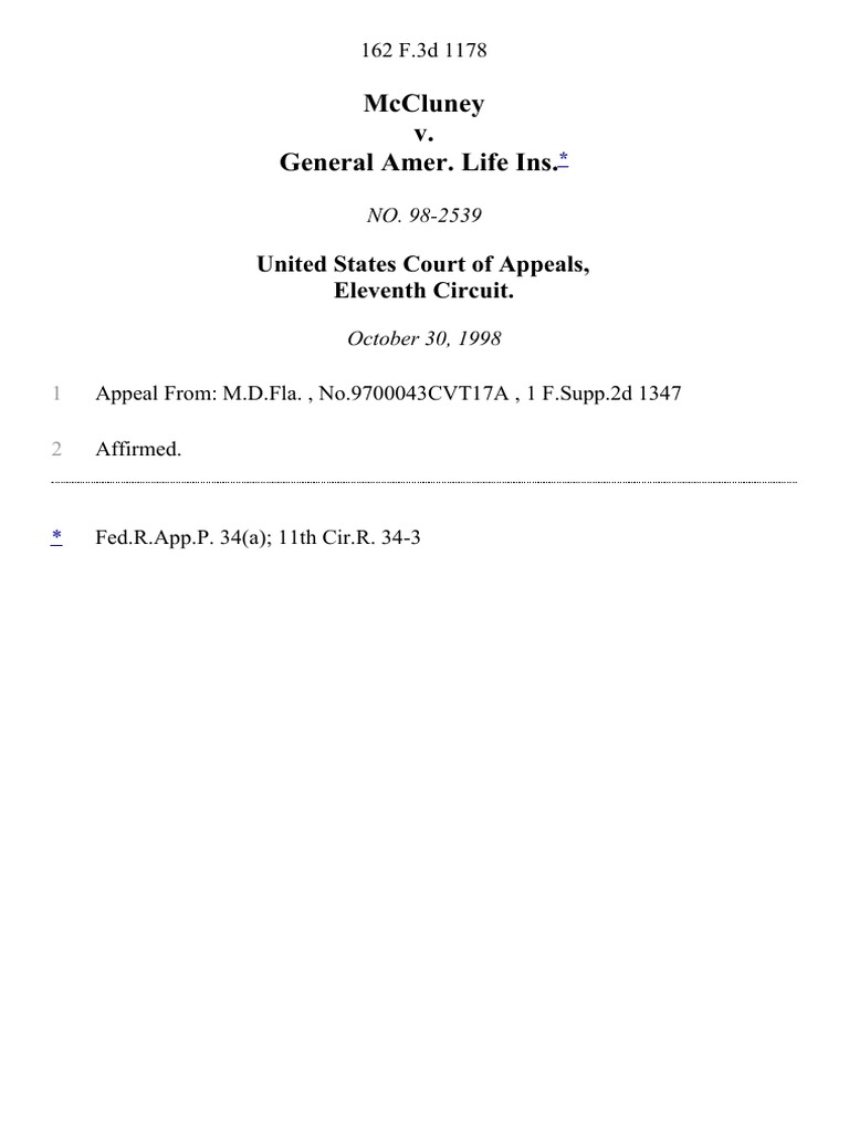 McCluney v. General Amer. Life Ins., 162 F.3d 1178, 11th Cir. (1998) | PDF
